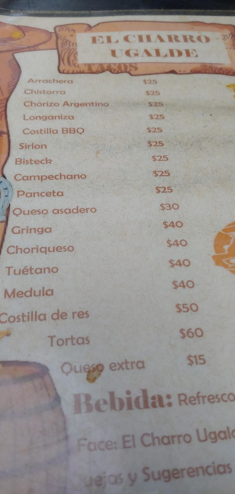 Menu at Taqueria El Charro Ugalde restaurant, Mexico City
