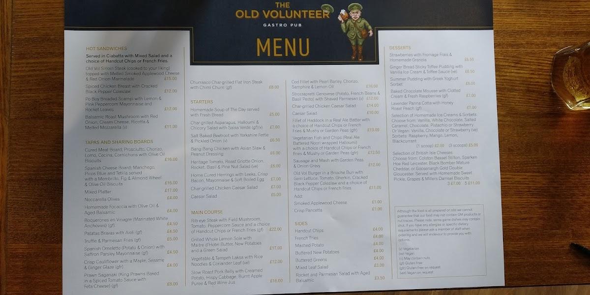 Carta del pub y bar The Old Vol, Lowdham