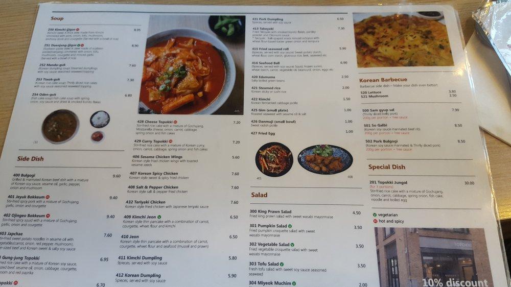 Menu at Topokki restaurant, Birmingham, 1C Hurst St