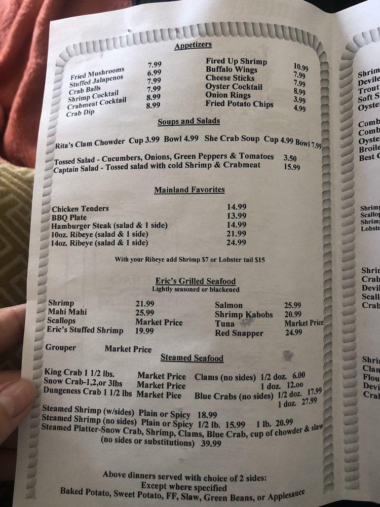 Menu at The Crab Shack steakhouse, Indian Beach