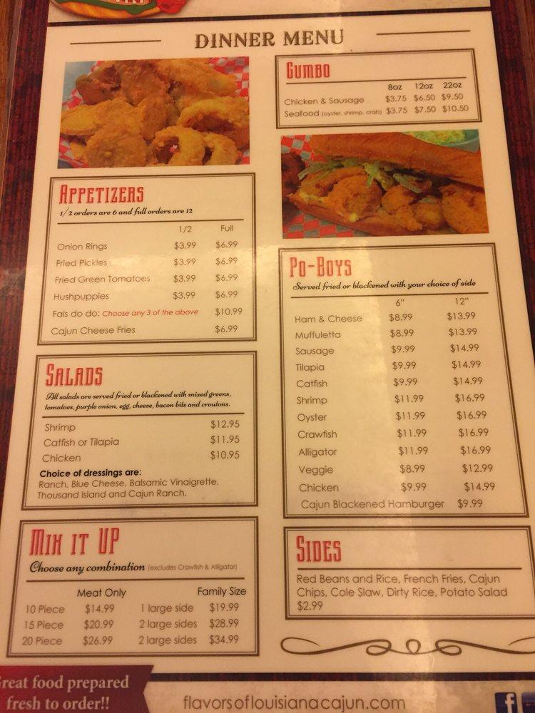 Menu at Flavors of Louisiana restaurant, Tulsa