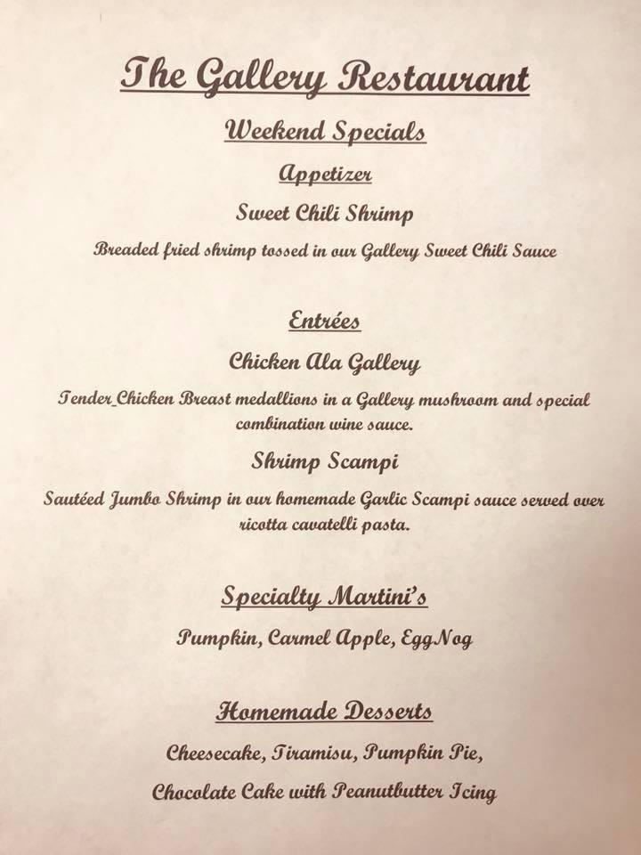 Menu at Gallery Restaurant, Pottsville