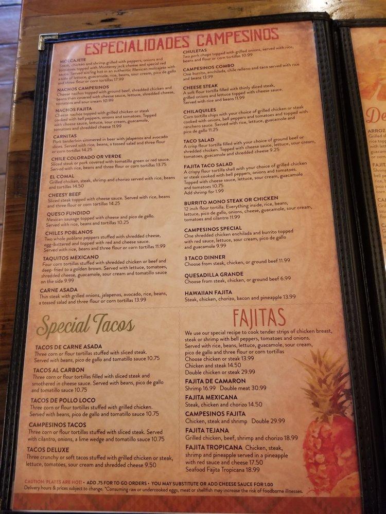 Menu at Los Campesinos restaurant, Minooka