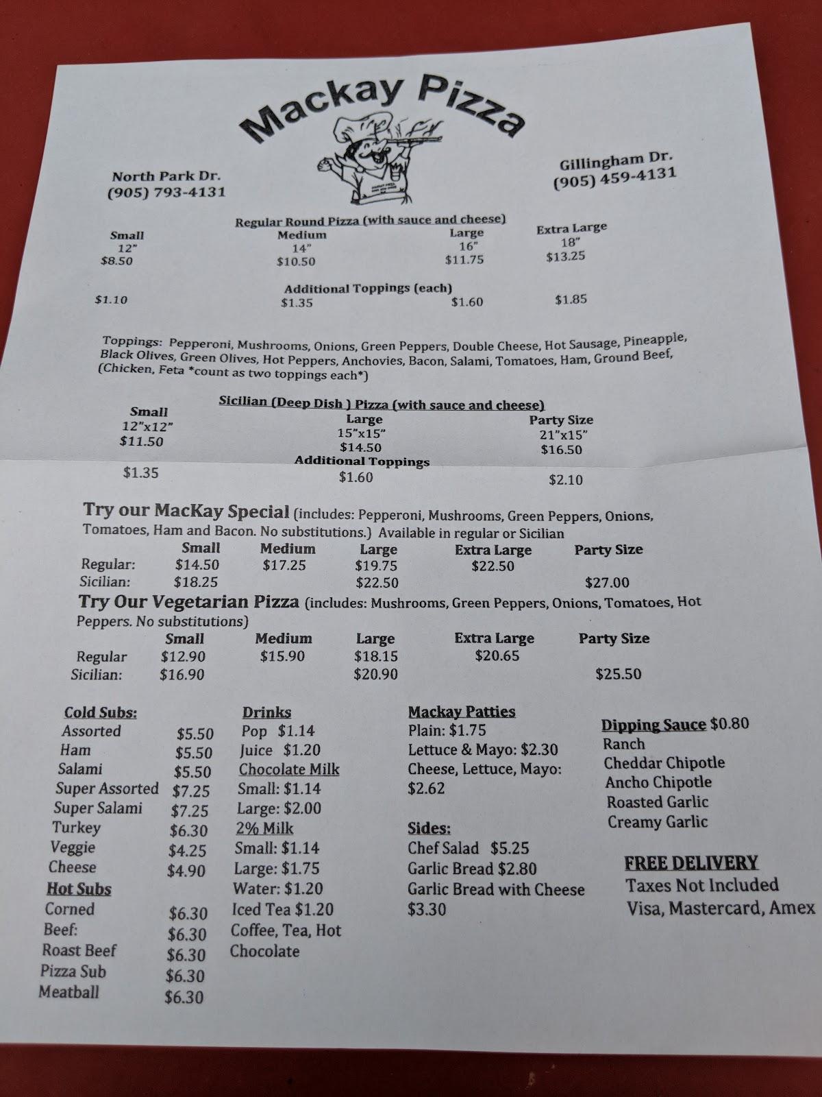 Menu at Mackay Pizza pizzeria, Brampton, 930 N Park Dr
