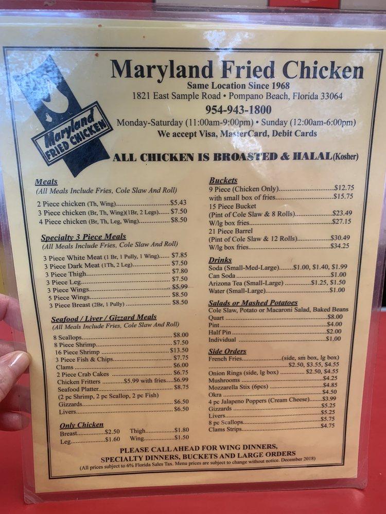 Menu at Maryland Fried Chicken restaurant, Pompano Beach