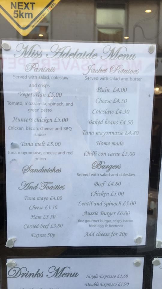 Menu at Miss Adelaide cafe, Skegness