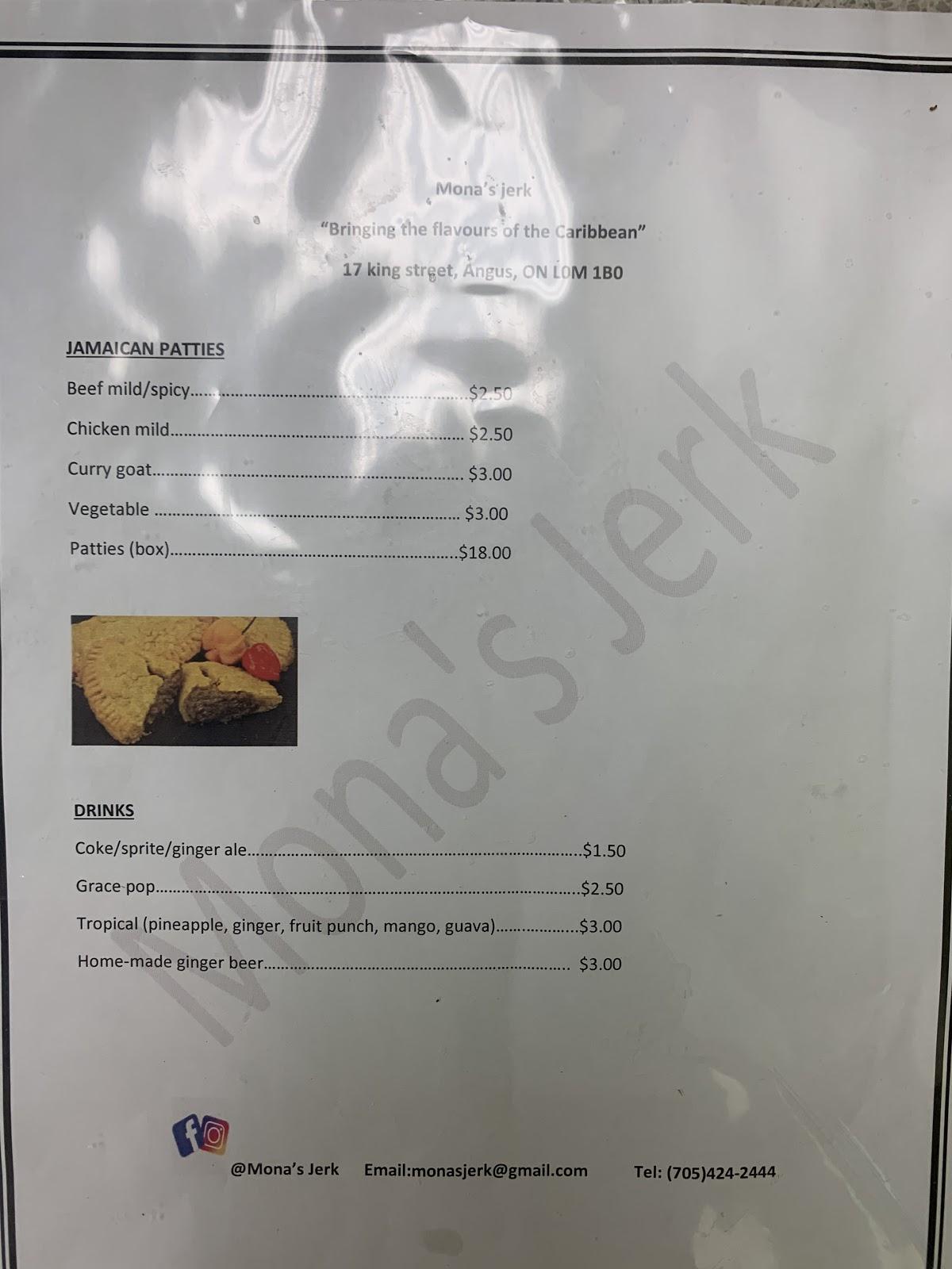 Menu at Mona’s Jerk restaurant, Angus