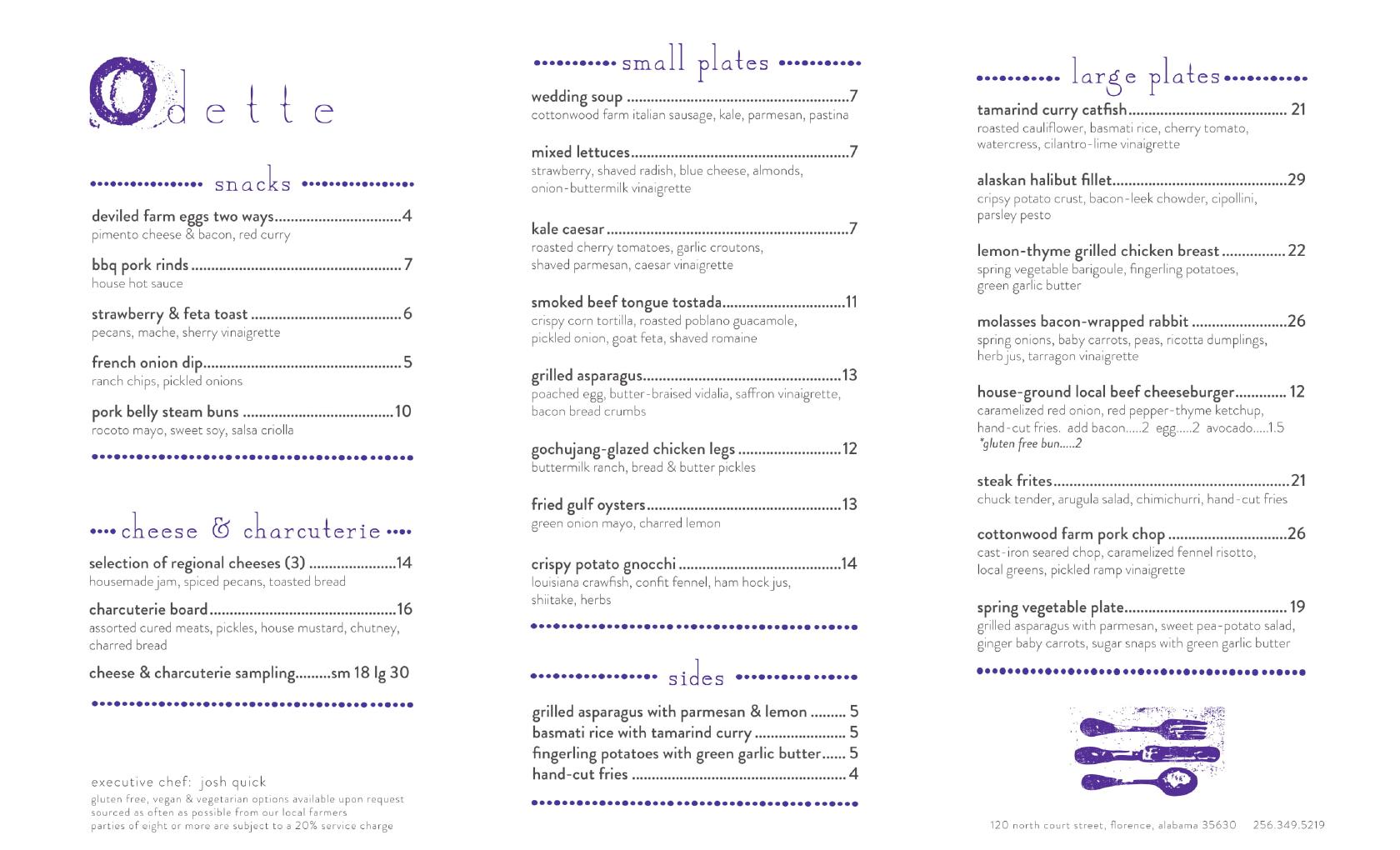 Menu at Odette pub & bar, Florence