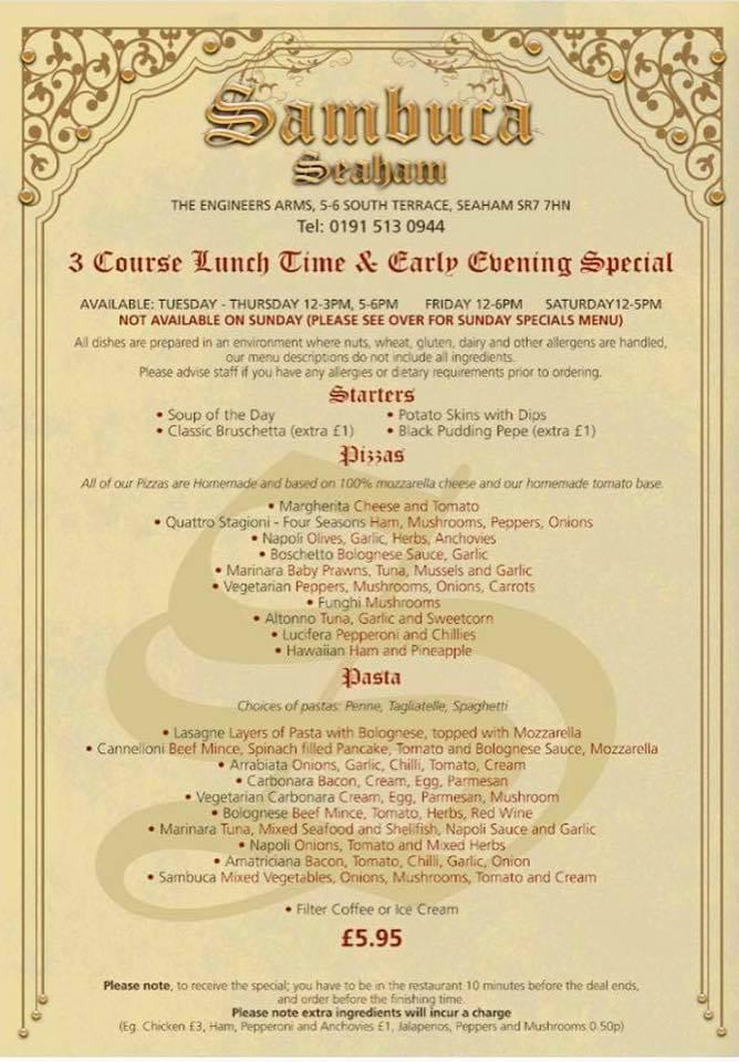 Menu at Sambuca Seaham restaurant, Seaham