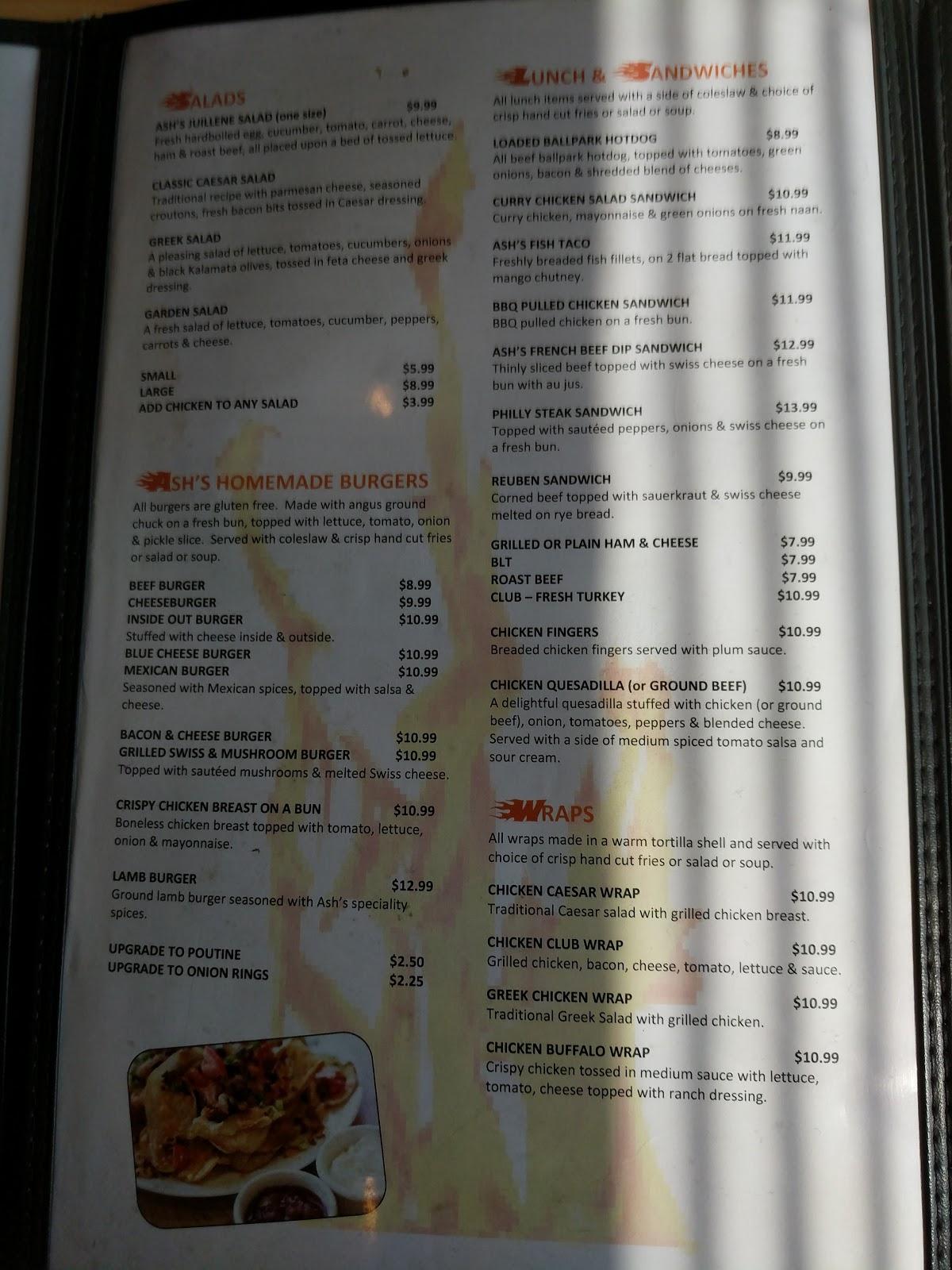 Menu at Ash's Restaurant, Lambton Shores