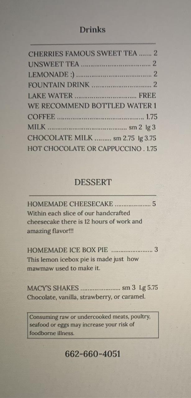 Menu at Cade's Grill restaurant, Counce