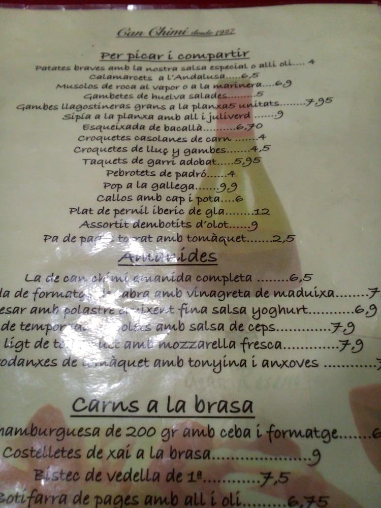 Carta del restaurante Can Chimi, Montgat