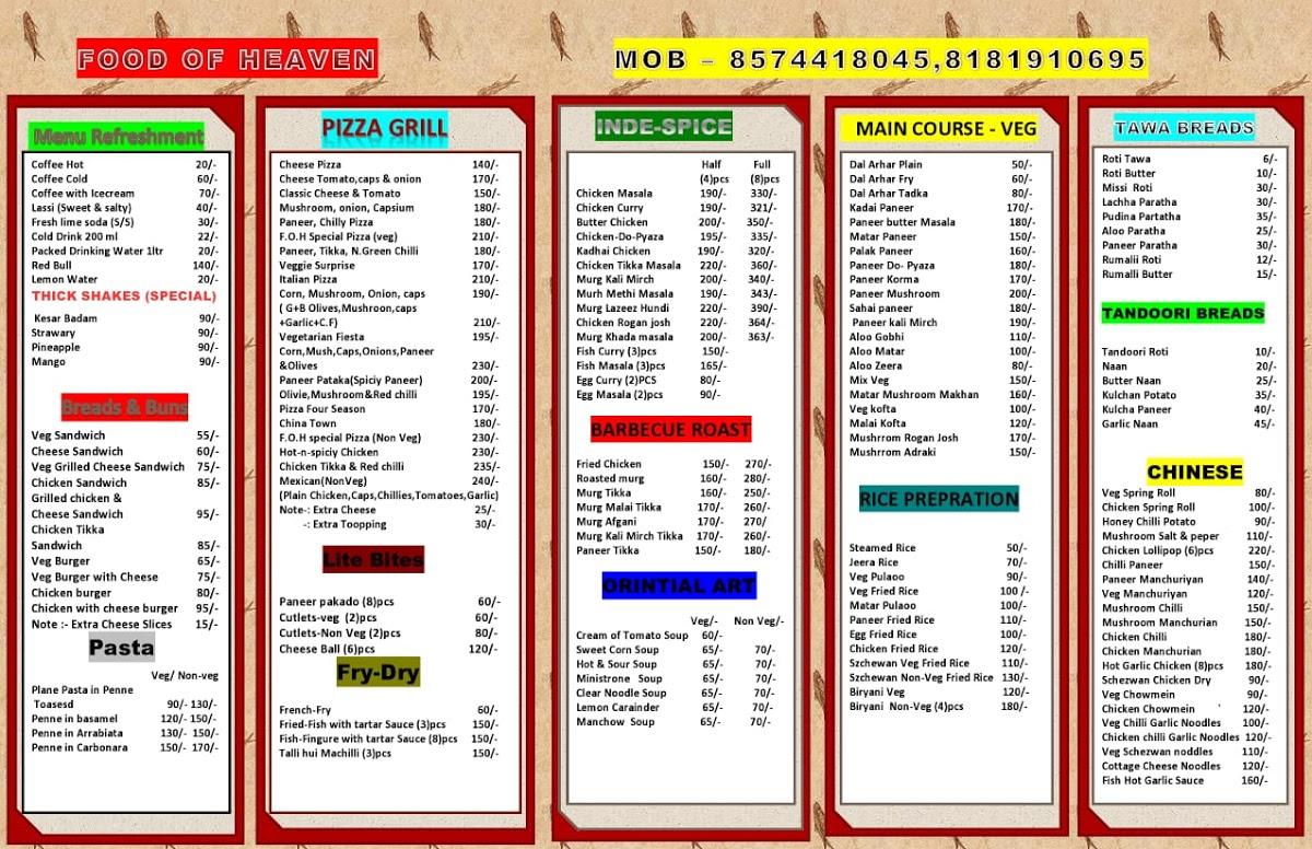 Menu at Food Of Heaven, Allahabad