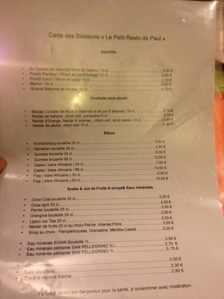 Menu au Le Petit Resto de Paul restaurant, Orange