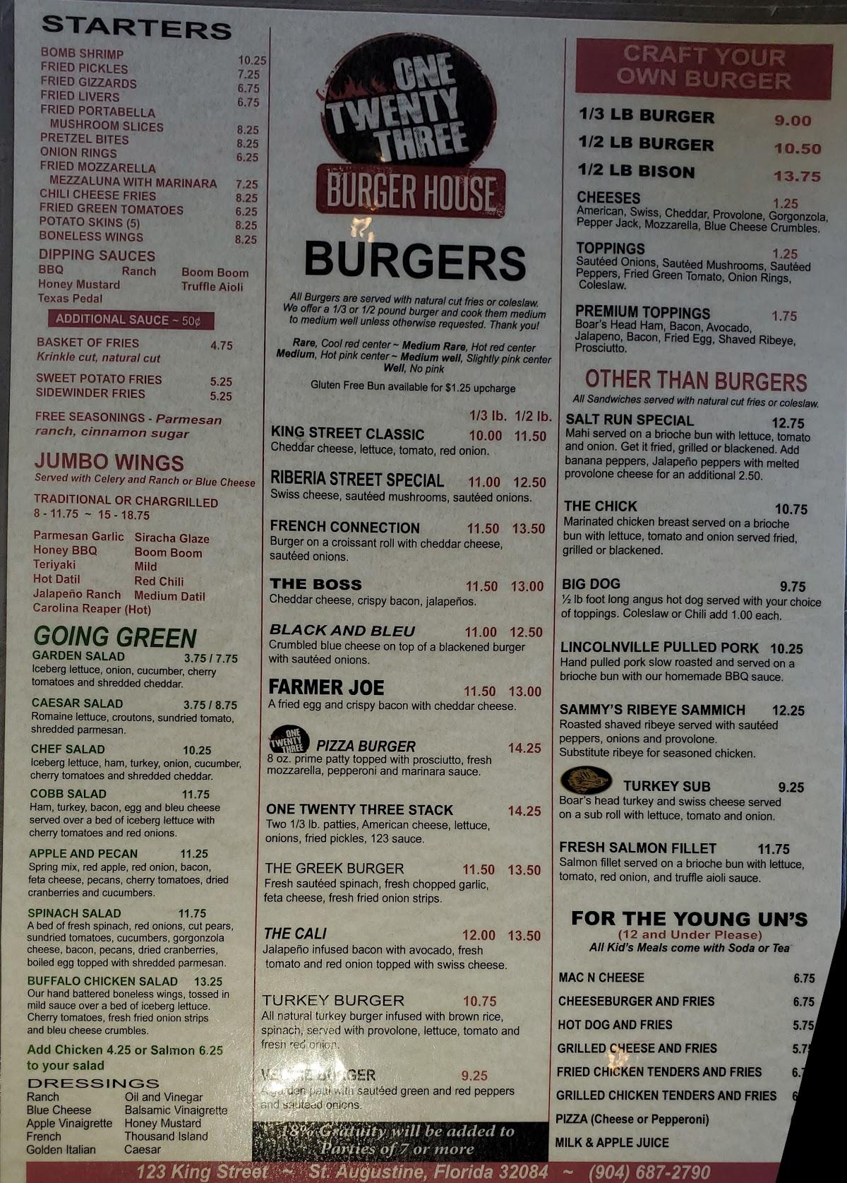 Menu at One Twenty Three Burger House restaurant, St. Augustine