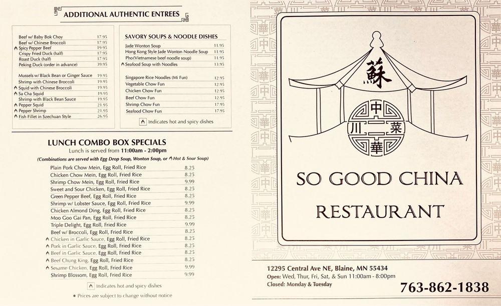 Menu at So Good China Restaurant, Blaine