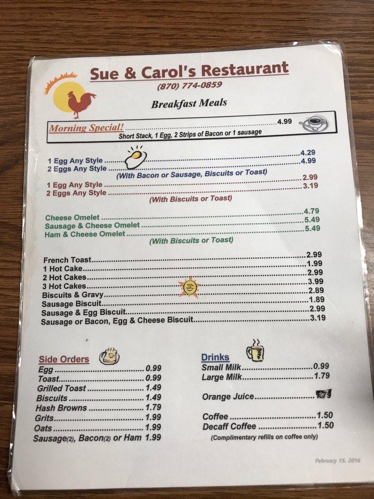 Menu at Sue N' Carol's Kitchen restaurant, Texarkana, 938 N State Line Ave