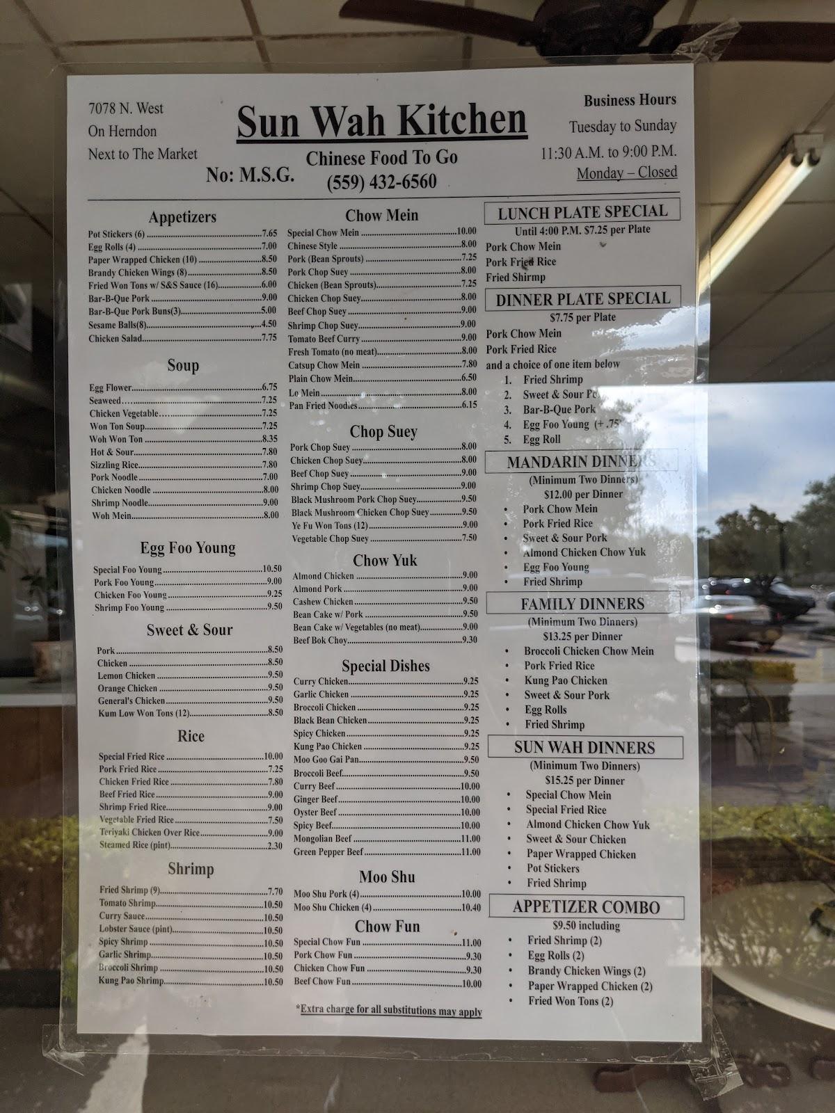 Menu at Sun Wah Kitchen restaurant, Fresno