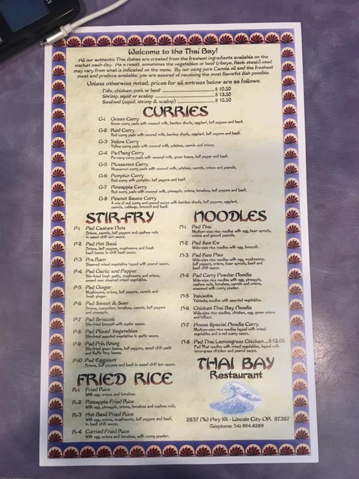 Menu at Thai Bay Restaurant, Lincoln City