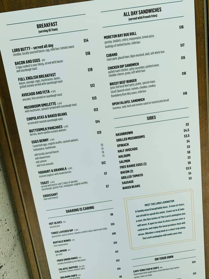 Menu at The Lord Lamington Bar Bistro, Brisbane Airport