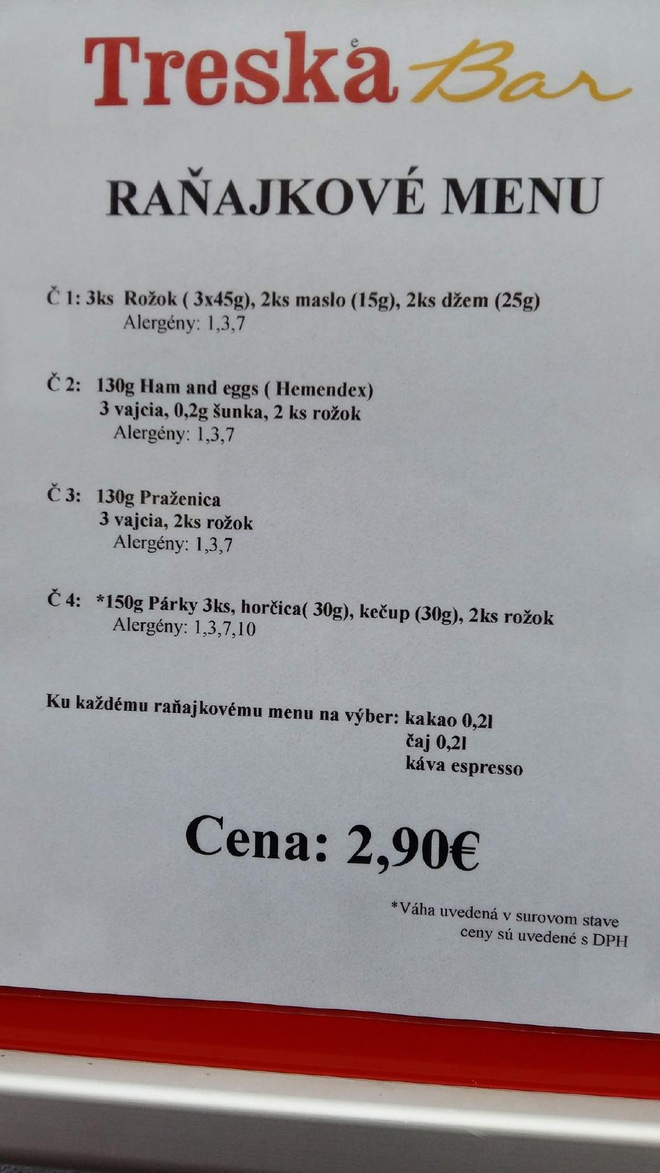 Menu at Treska bar, Trenčín