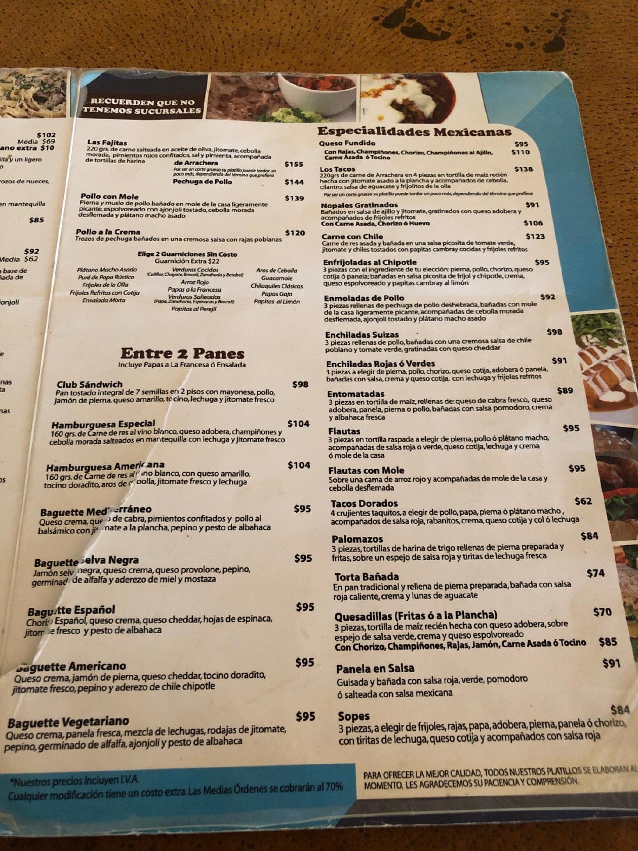 Carta de Café El Colibrí, Zapopan, Av. de Las Fuentes 68