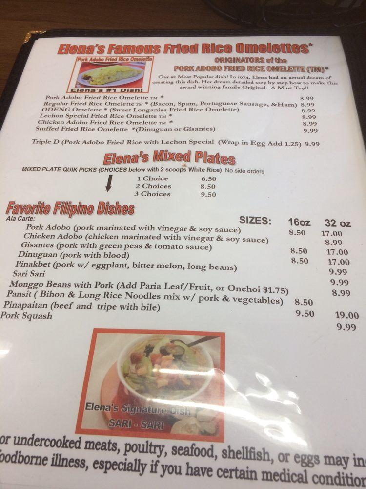 Menu at Elena's Restaurant, Waipahu, Tropicana Square Shopping Center