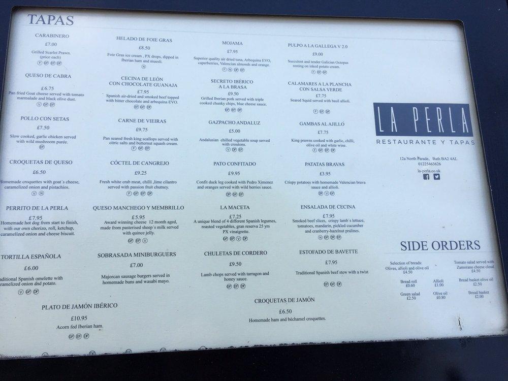 Carta del pub y bar La Perla, Bath