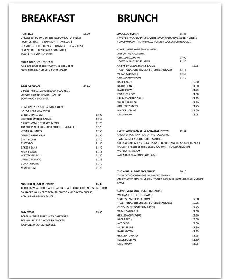 Menu at Nourish cafe, Wilmslow
