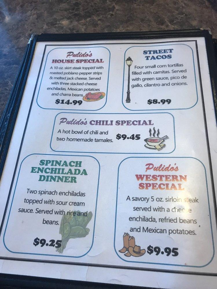 Menu at Pulido's restaurant, Hurst