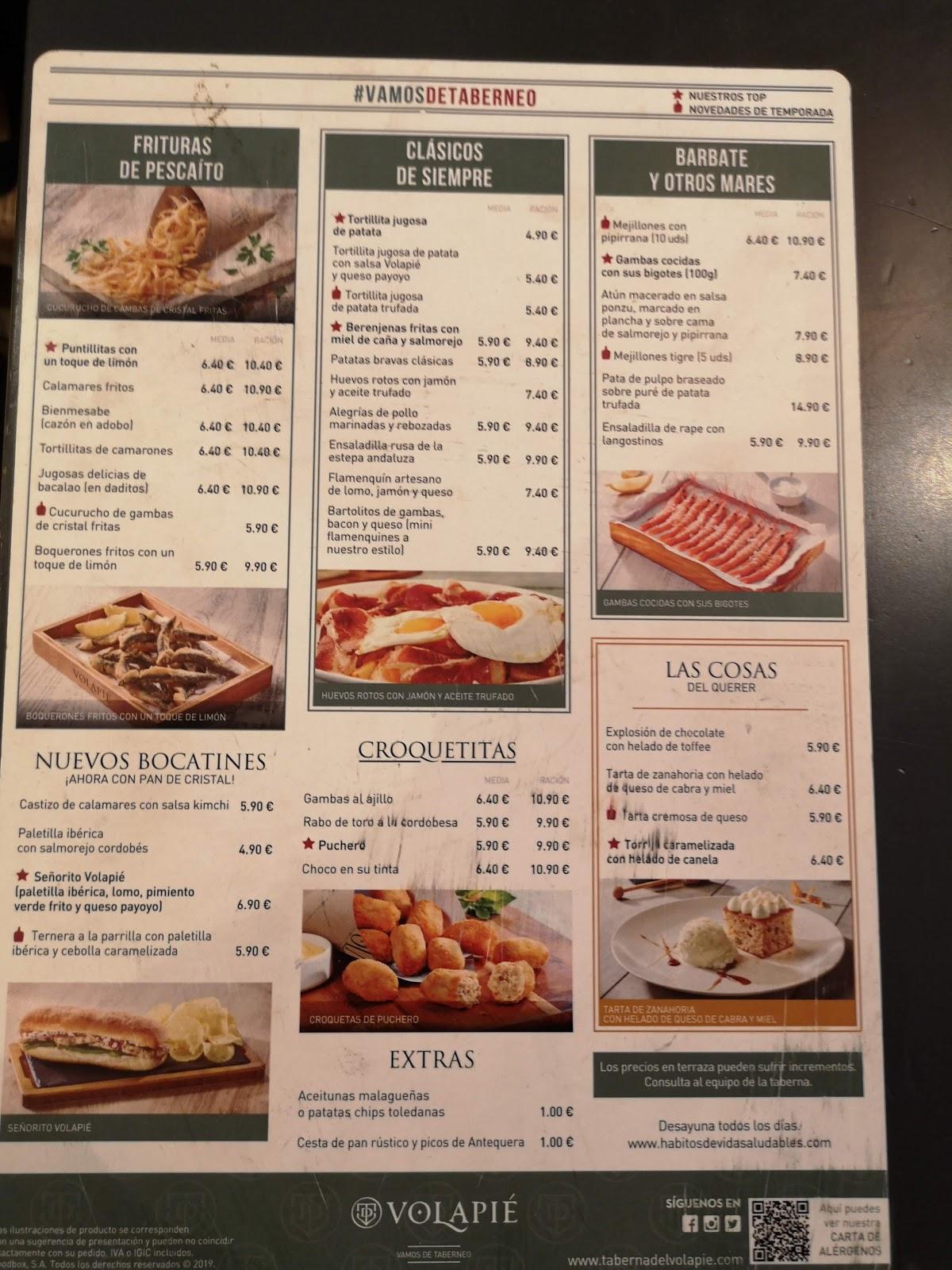 Carta del restaurante Taberna del Volapié, Cádiz