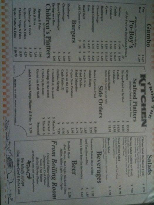 Menu at Taranto's Crawfish restaurant, Biloxi