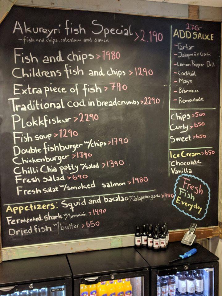 Menu at Akureyri Fish restaurant, Akureyri
