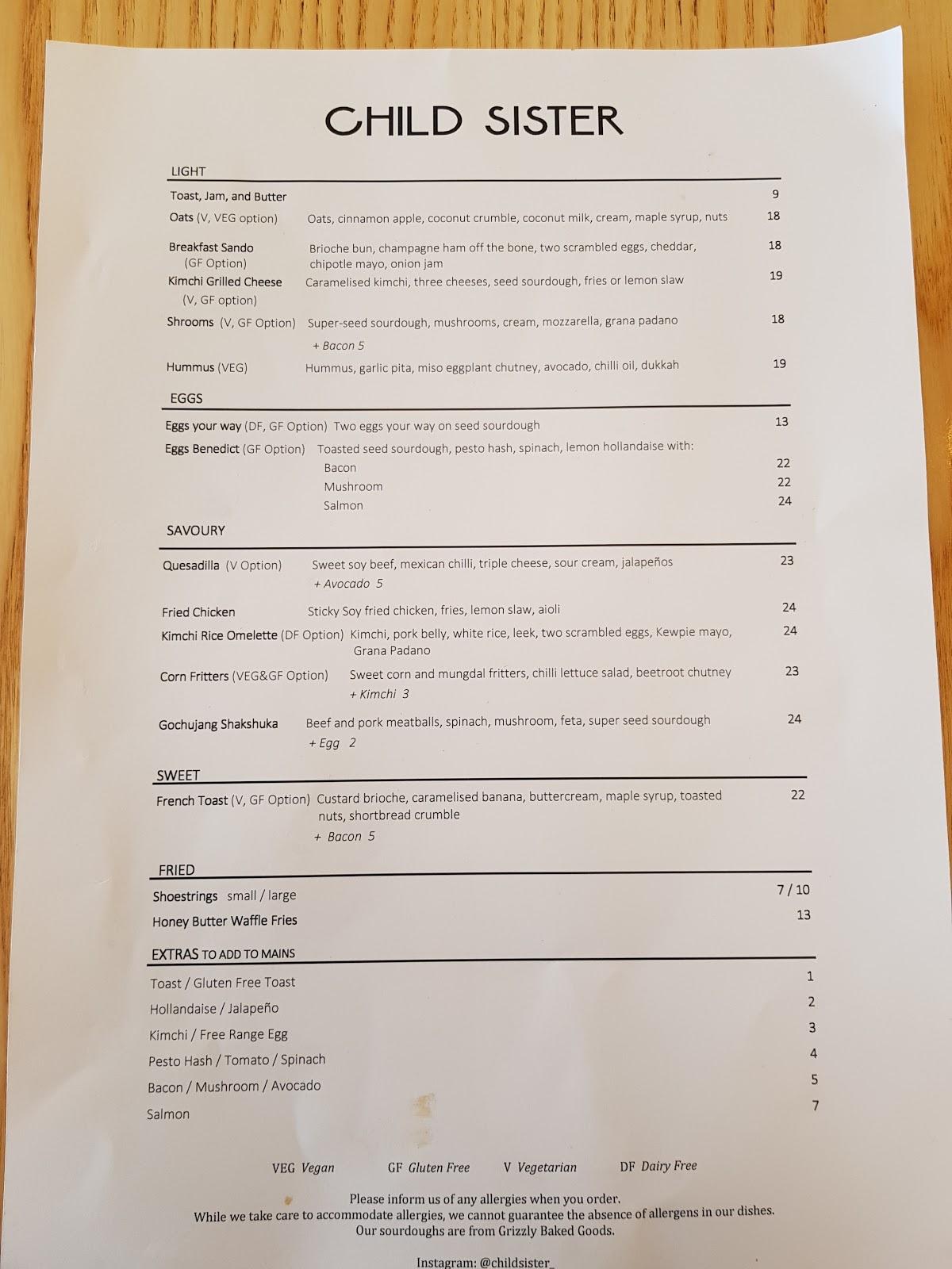 Menu at Child Sister cafe, Christchurch