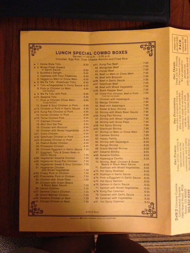 Menu at Fan's Chinese Cuisine restaurant, Niwot