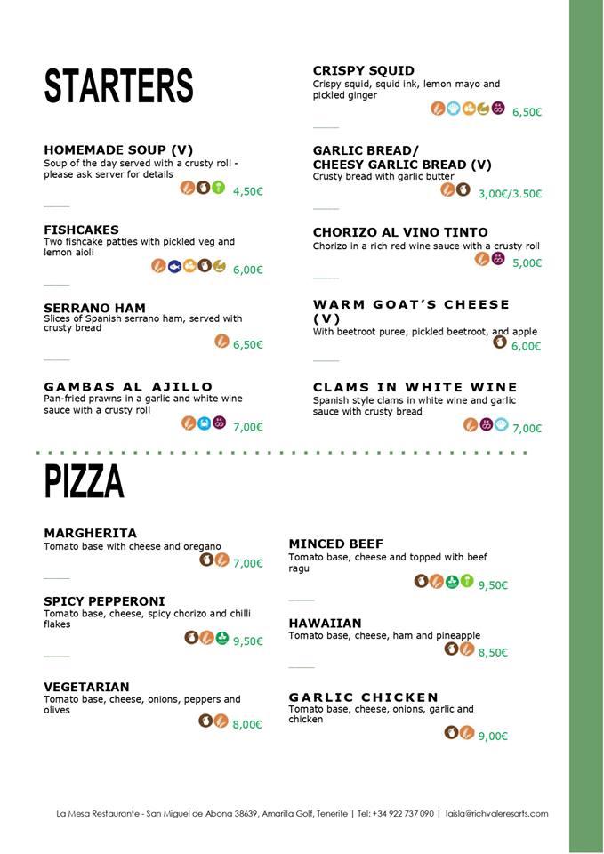 Menu at La Mesa Restaurante, Costa del Silencio
