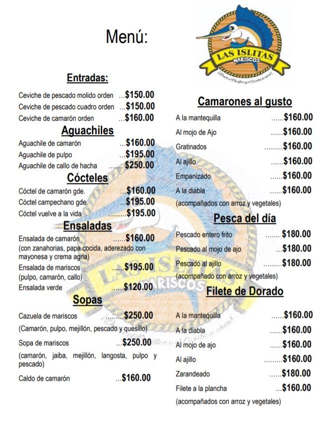 Menu at Las Islitas Nayarit restaurant, La Cruz de Huanacaxtle