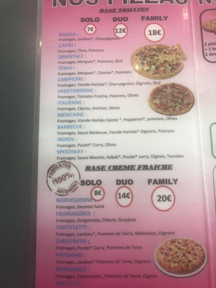 Menu au Le Speedway pizzeria, Alençon