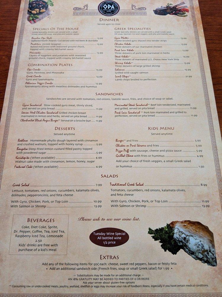 Menu at Opa Grill restaurant, Parker