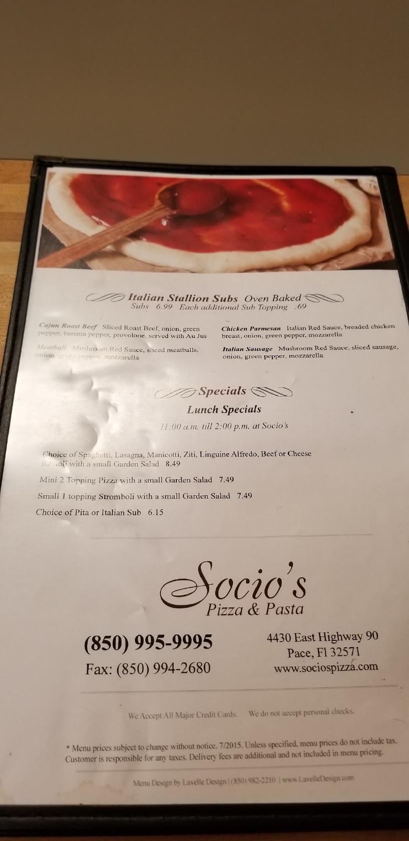 Menu at Socio's Pizza & Pasta pizzeria, Pace