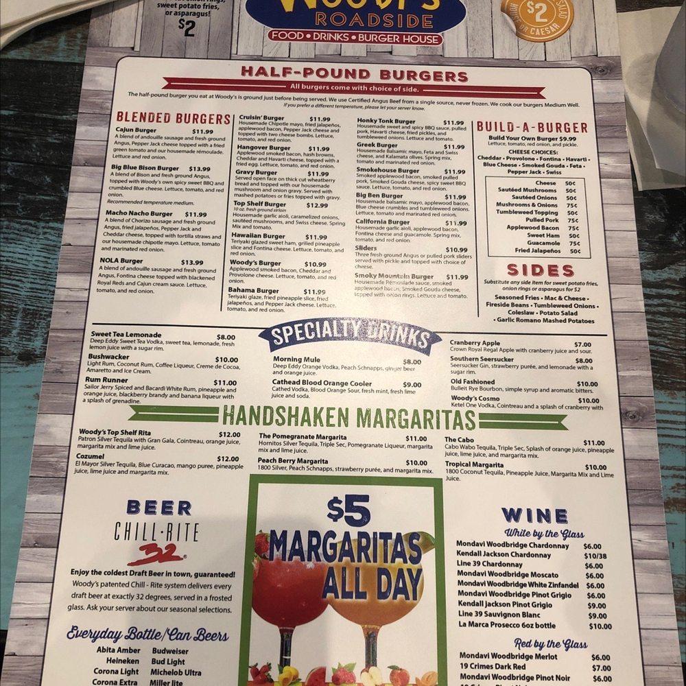 Menu at Woody's Roadside Gulfport pub & bar, Gulfport