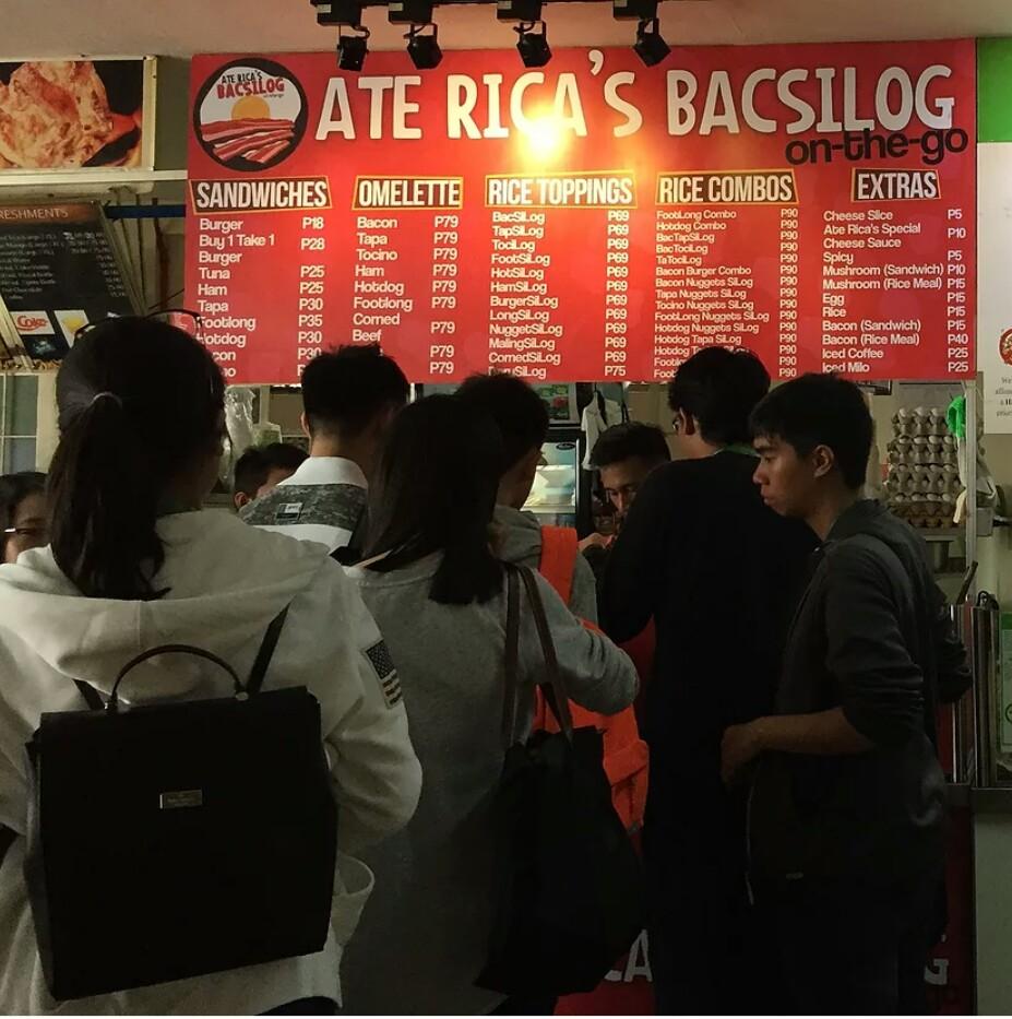 Menu at Ate Rica's Bacsilog on-the-go DLSU Branch restaurant, Manila