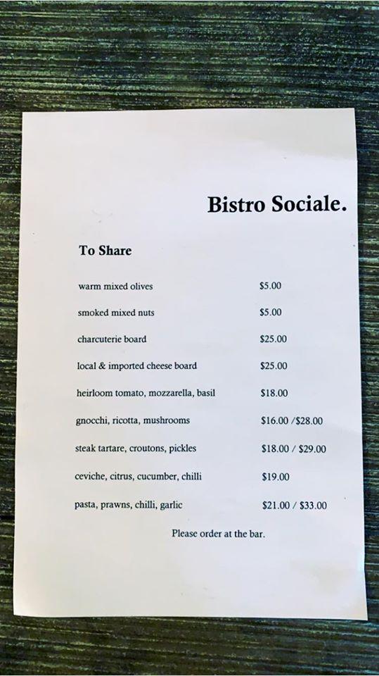 Menu at Bistro Sociale pub & bar, Bowral