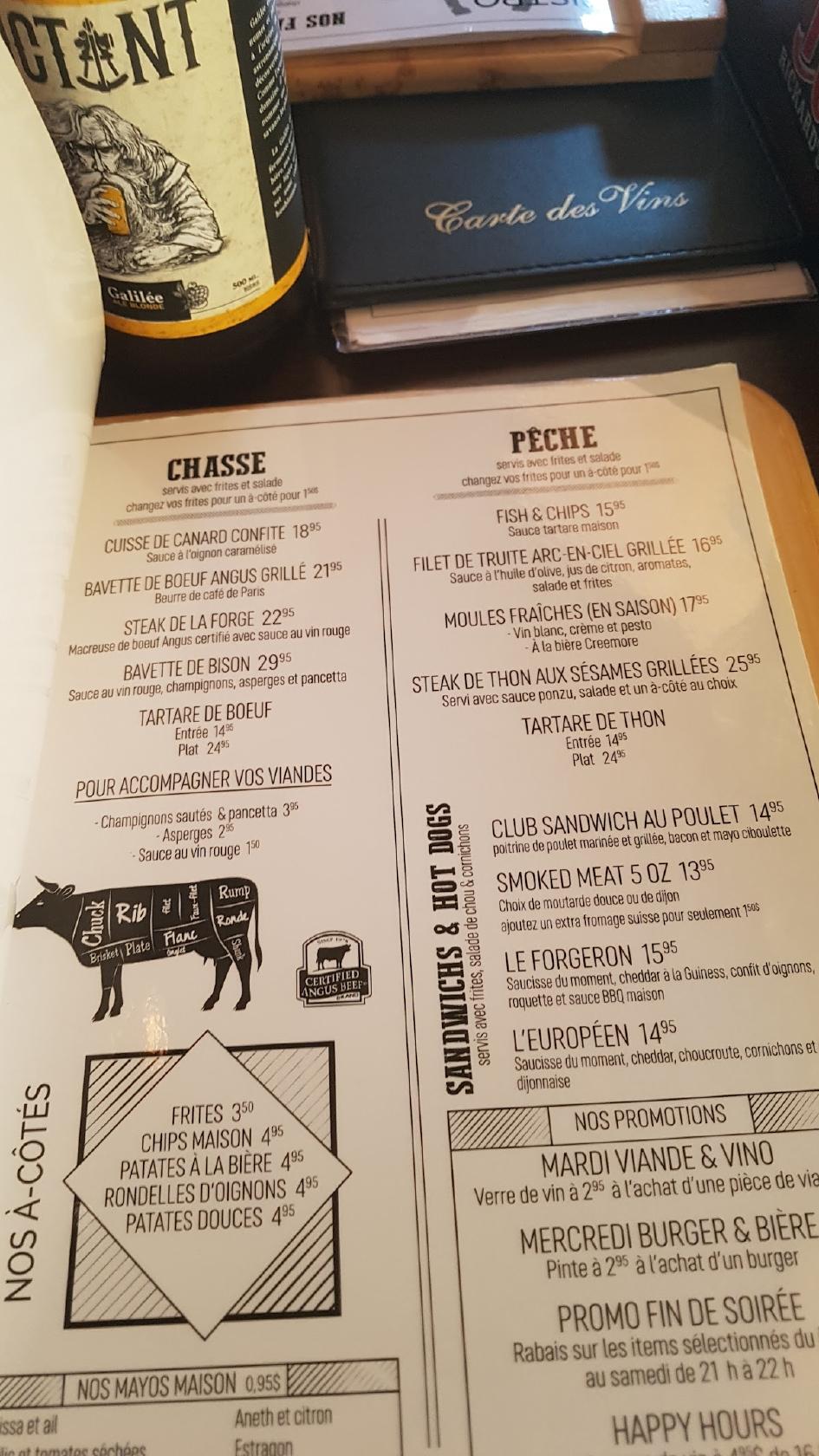 Menu au Bistro de la Forge pub et bar, Rimouski, 31 Rue St Germain E