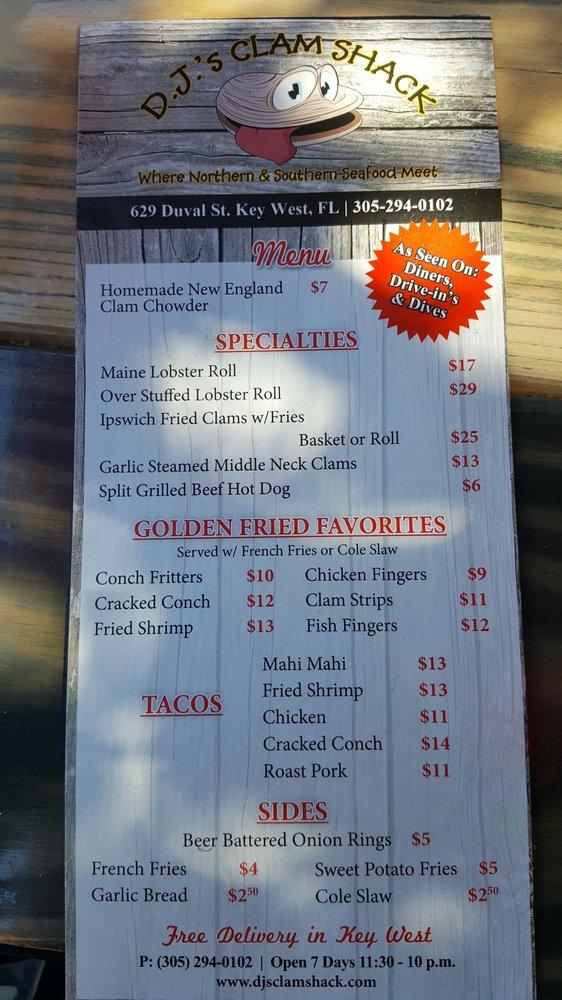 Menu at DJ's Clam Shack restaurant, Key West