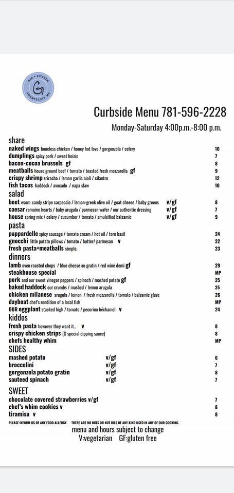 Menu at G Bar and Kitchen, Swampscott
