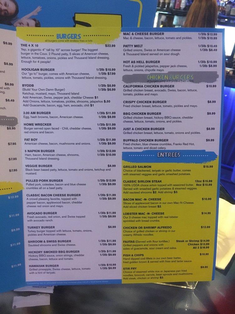 Menu at Hooligan's Sports Bar and Grill, Vancouver