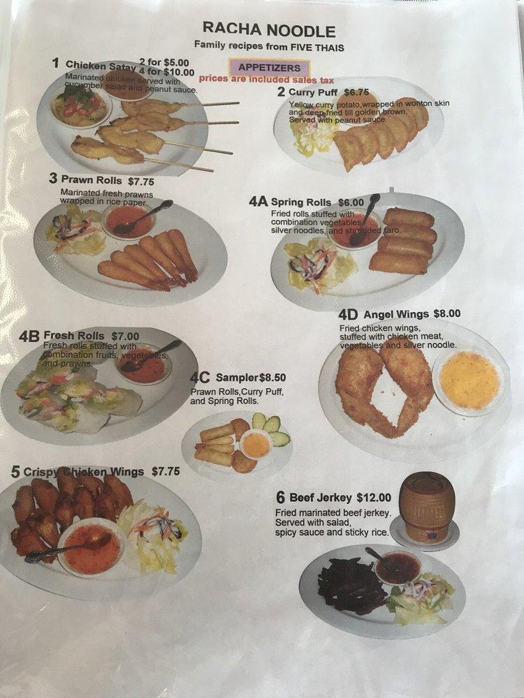 Menu at Racha Noodle restaurant, Redding