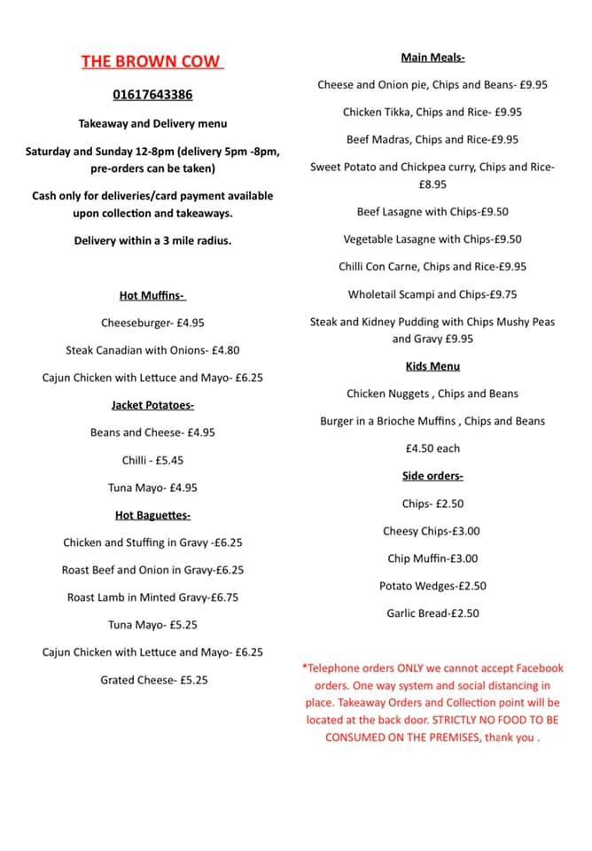 Menu at The Brown Cow pub & bar, Bury, Burrs Country Park