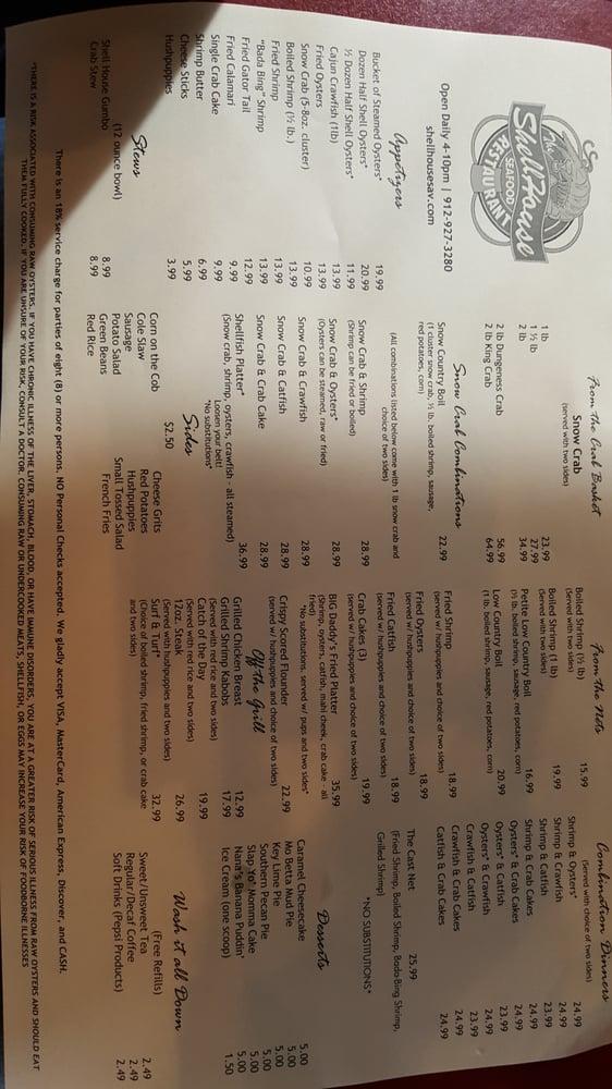 Menu at The ShellHouse Seafood Restaurant, Savannah